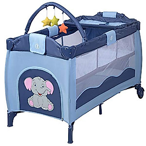 BABY JOY 3 in 1 Pack and Play, Portable Playard with Hanging Toys, 2 Lockable Wheels Diaper Changing Table, Foldable Travel Bassinet Bed (Blue)