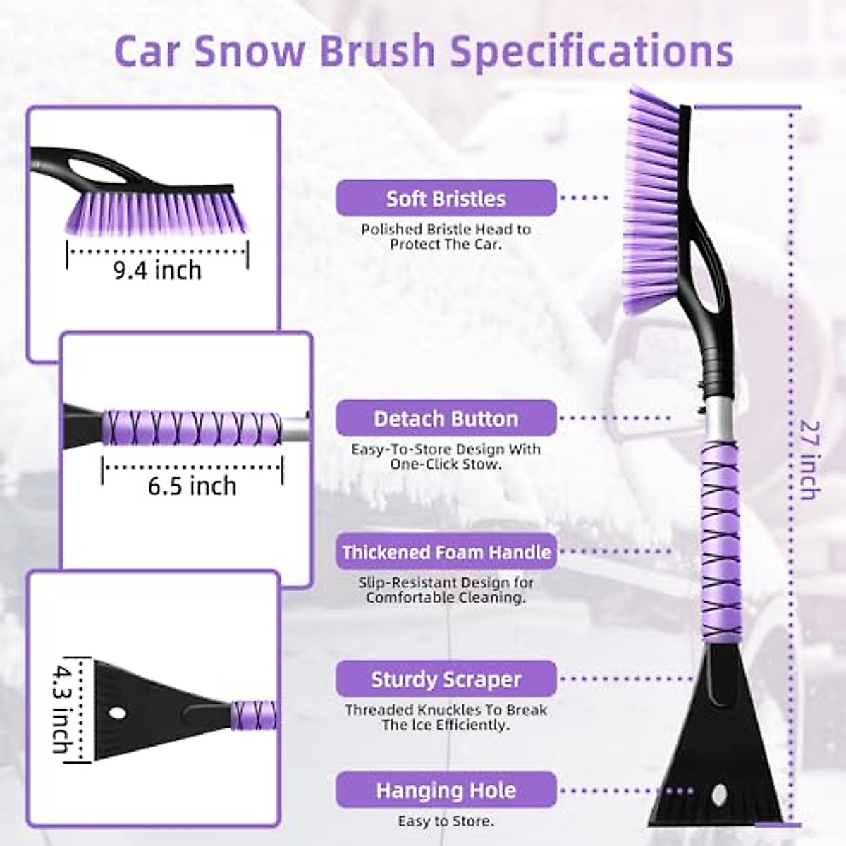 DDSNTY Purple 27”Snow Brush and Detachable Ice Scraper, 1 PC Snow Brush and Ice Scraper Set,Comfortable Foam Grip,Detachable Scraper,Suitable for car SUV and Truck Purple