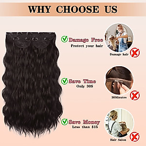 DeeThens Clip in Hair Extensions Long Dark Brown Hair Extensions for Women Wavy Synthetic Thick Hair Extensions Full Head Invisible 3pcs (Dark Brown)