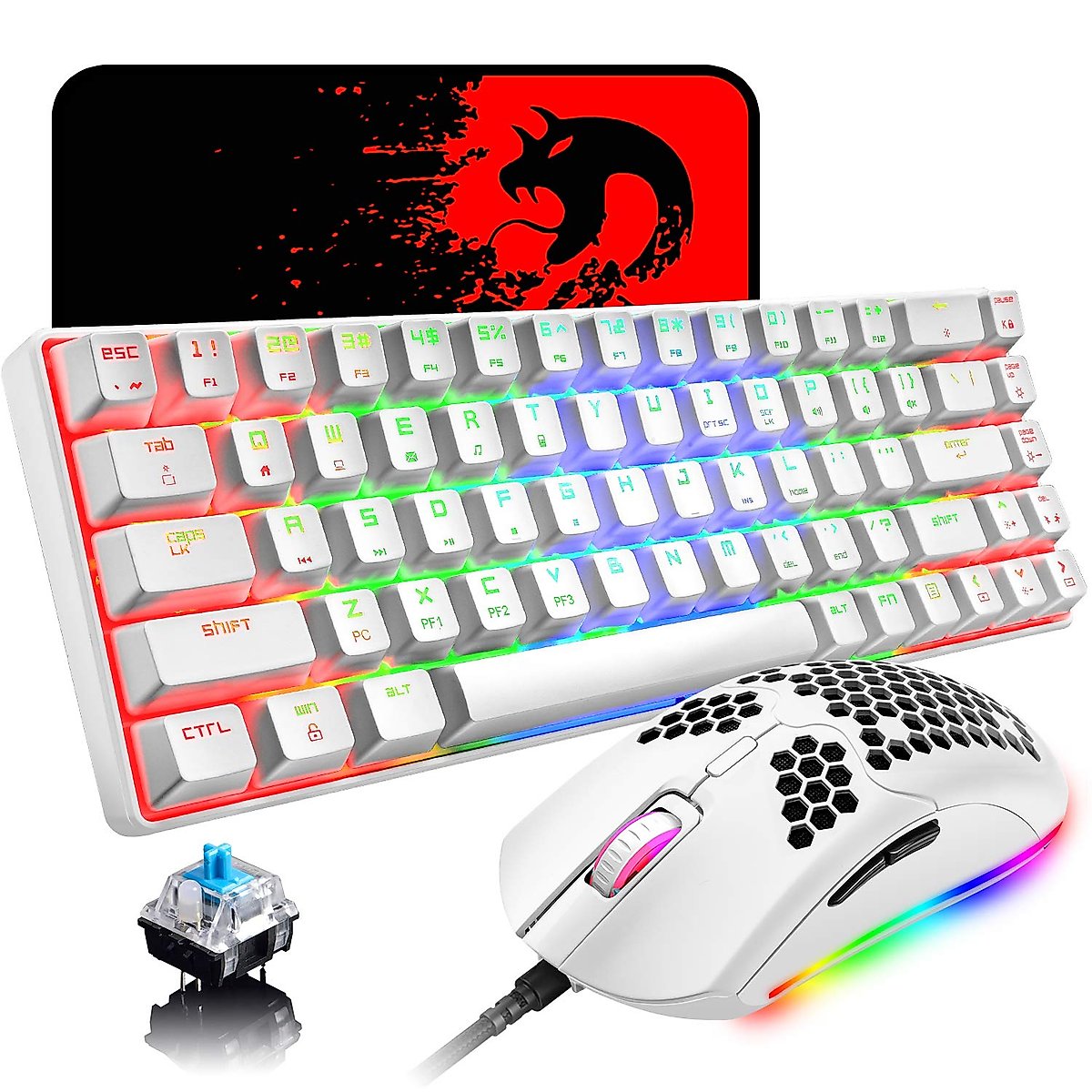 60% Mechanical Gaming Keyboard Blue Switch Mini 68 Keys Wired Type C 18 Backlit Effects,Lightweight RGB 6400DPI Honeycomb Optical Mouse,Gaming Mouse pad for Gamers and Typists (White)
