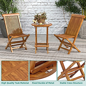 YITAHOME 3 Piece Teak Wood Patio Bistro Set with 2 Folding Chairs and Round Table, Folding Dining Table and Chairs with Metal Buckles for Backyard, Balcony, Pool, Porch, Deck