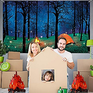 Forest Scene Camping Backdrop Camping Photography Background Camping Photo Backdrop and 2 Sets 3D Decorative Cardboard Campfire Centerpiece Artificial Fire Party Decoration for Camping Theme Party