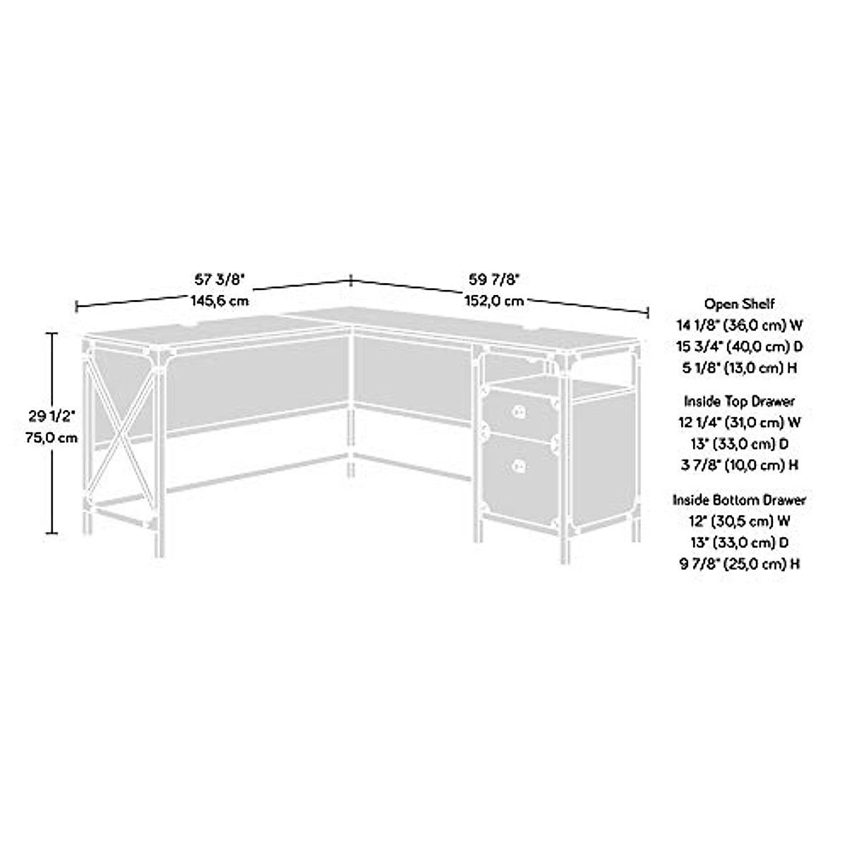 Sauder Steel River L-Shaped Desk, L: 59.84" x W: 57.32" x H: 29.53", Milled Mesquite Finish