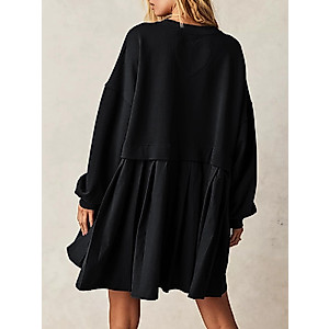 Dokuritu Sweatshirt Dress Women Crew Neck Long Sleeve Patchwork Pullover Tops Flowy Oversized Sweatshirt Mini Dress Black
