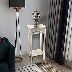 eHemco Plant Decorating Stand End Table Side Table with Storage Shelf, 11.8 by 11.8 by 23.7 Inches, Antique Water Washed Off-White