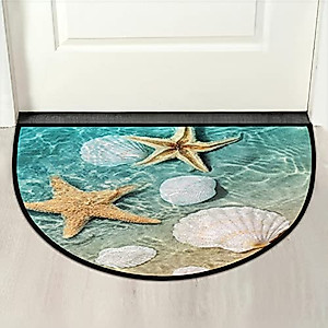 Summer Beach Half Round Door Mat, Starfish Shell Floor Mat Non-Slip Half Circle Area Rug Durable Washable Runner Mat for Living Room Bedroom Indoor Outdoor Entry for High Traffic Areas
