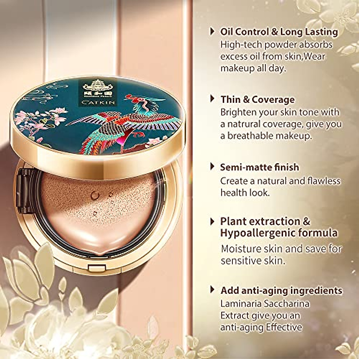 CATKIN BB Cream Air Cushion Foundation Full Coverage Moisturizing Concealer Natural Makeup With Free Refill Ivory Beige 0.46 Ounce