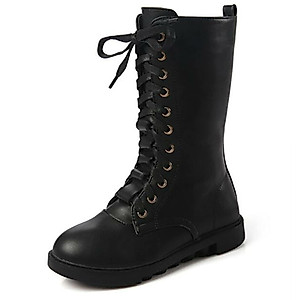 DADAWEN Kid's Girls Leather Lace-Up Zipper Mid Calf Combat Riding Winter Boots (Toddler/Little Kid/Big Kid) Black US Size 4.5 M Big Kid