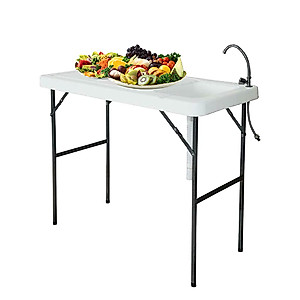 Fish Cleaning Table with Sink, Outdoor Portable Camping Folding Fish Fillet Table with Sink Faucet Stainless Steel for Picnic Camping Gardening Kitchen (White)