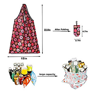 Elephant-package 6 Pcs Foldable Shopping Bags with Hook- Washable- Reusable Grocery Bags with Pouch Tote Bags (Cute Flower Design)