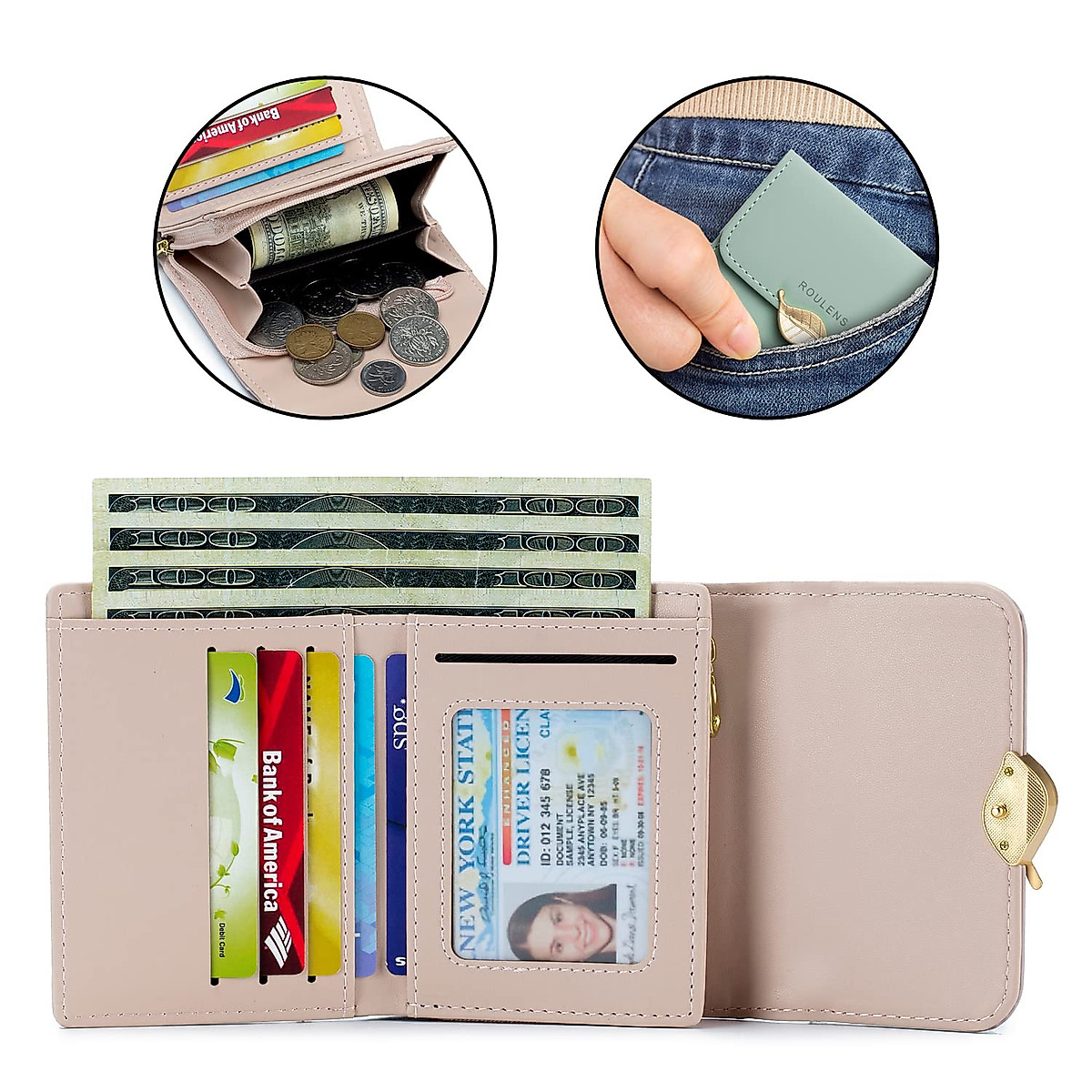Roulens Small Wallet for Women RFID Blocking PU Leather Leaf Pendant Card Holder Organizer Zipper Coin Purse
