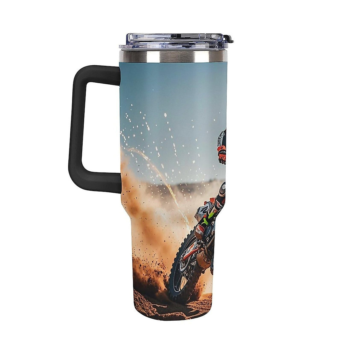 FHESDCW Sports Motorcycle Tumbler with Handle And Straw 40 Oz Leak Proof Large Capacity Car Cup Cupholder Friendly Stainless Steel Travel Coffee Mug Keep Cold Or Hot Black-style