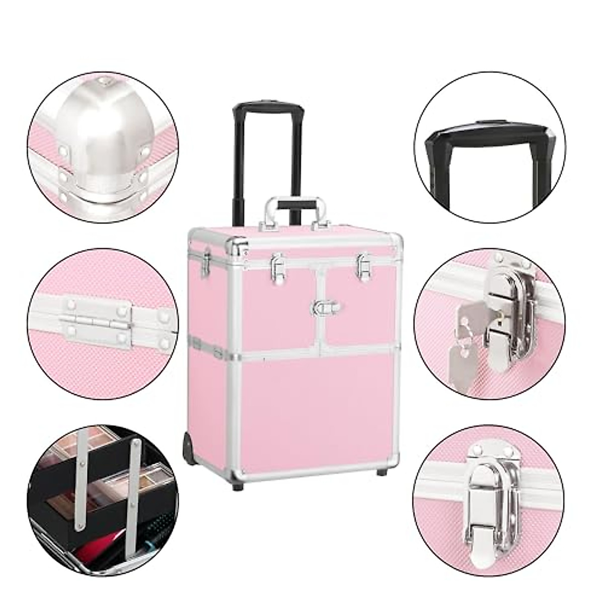 Yaheetech Professional Makeup Train Case Travel Makeup Trolley Rolling Cosmetic Case Beauty Train Case Beauty Organizer, Pink