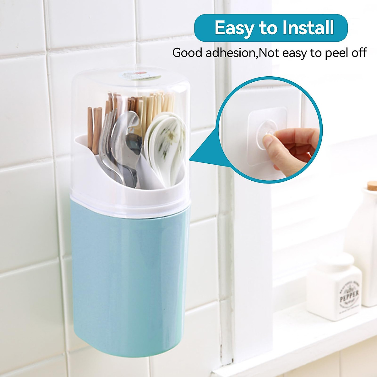 Kitchen Utensil Holder with Cover, 4 Compartment Wall-Mounted Countertop Plastic Silverware Holder Utensil Drying Rack for Cutlery, Chopstick, Spoons, Forks, Knives(Blue)