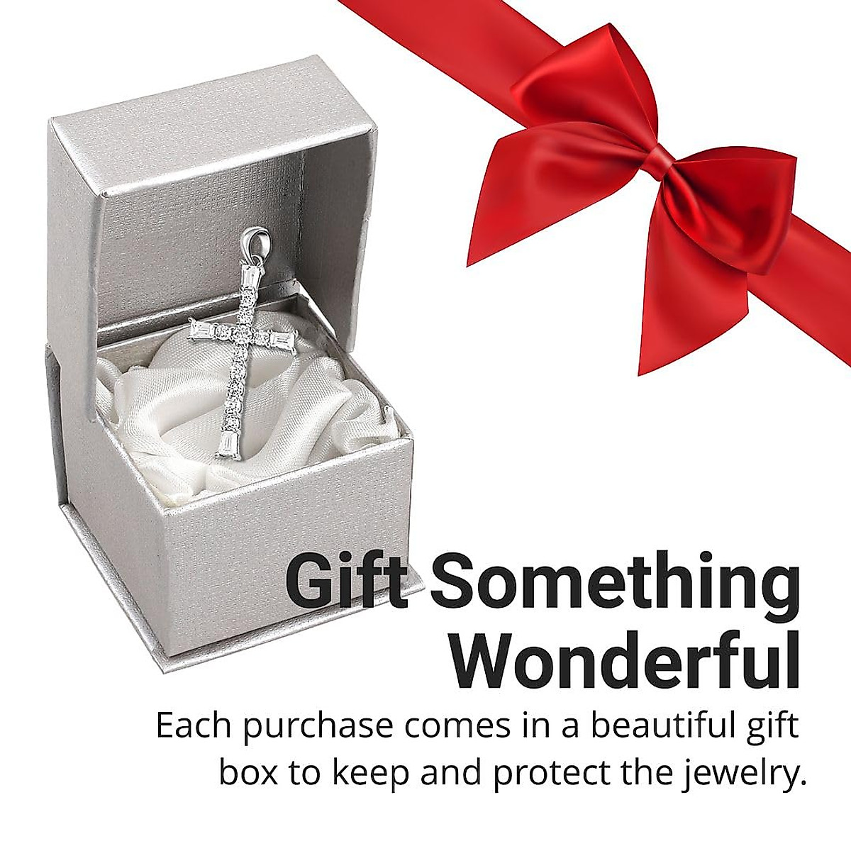 Cross Pendant in 925 Sterling Silver - Cubic Zirconia Cross Pendant for Men & Women - Prong Set - Cut CZ with Tapered Baguettes Jewelry Catholic Faith Christian Religious Birthday Gifts for