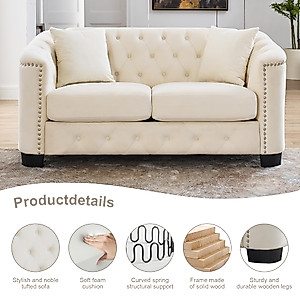BUIORD 59" Modern Velvet Loveseat Chesterfield Sofa for Living Room,2-Seater Sofa,Upholstered Tufted Backrests with Nailhead Arms and 2 Cushions for Bedroom-Beige