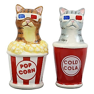 Ebros Funky Cats With Cinema 3D Glasses Sitting In Soda Pop Cup And Popcorn Tub At The Movies Salt And Pepper Shakers Set Ceramic Figurines Party Kitchen Tabletop Cat Decor Collectible