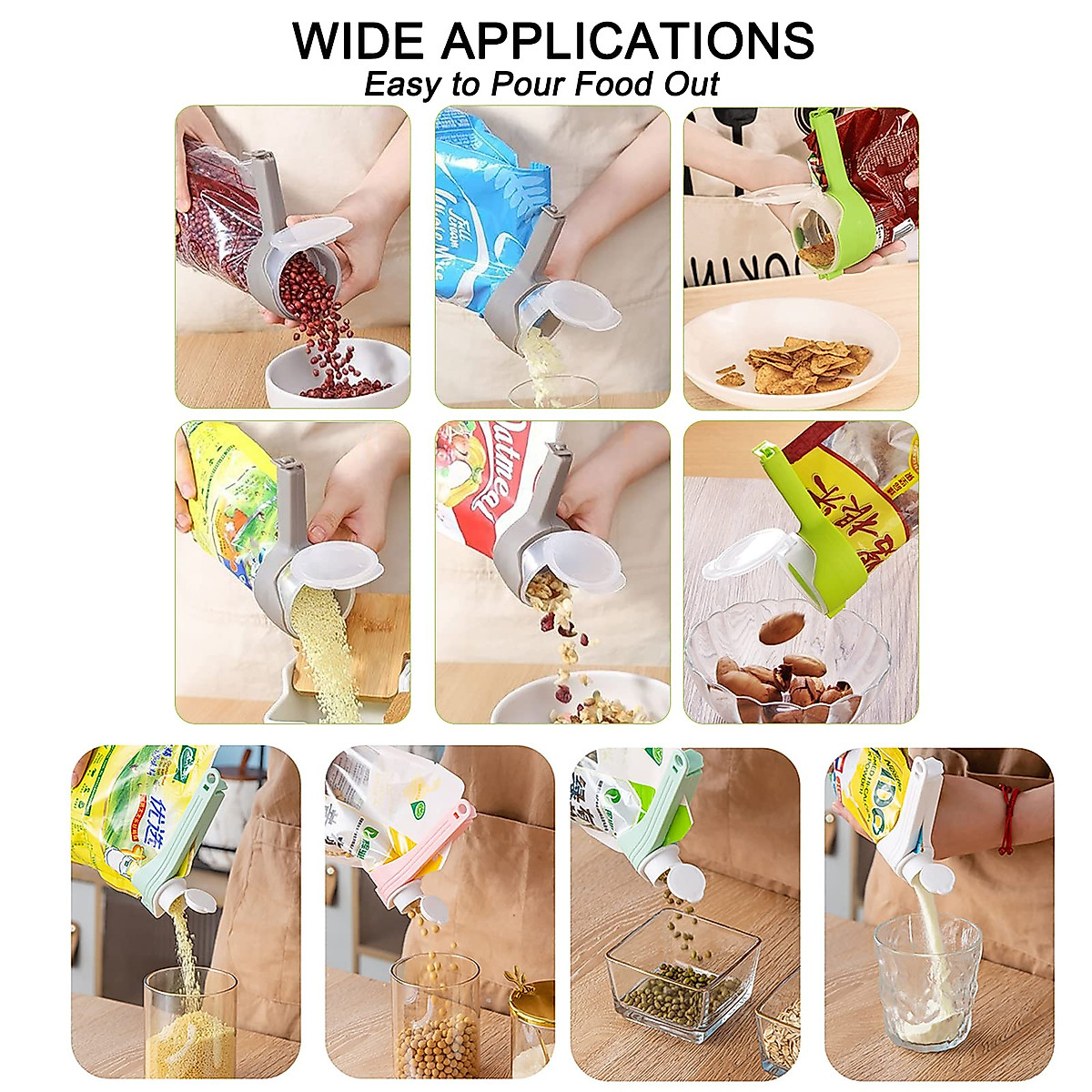 DEFORAGE 6 Pcs Bag Spout Clip,Bag Clips for Food,Snack Sealing Clips with Pour Spouts,Kitchen Chip with 4pcs Adhesive Hooks, for Cereal Kitchen Food Storage Organization(2L+4S)