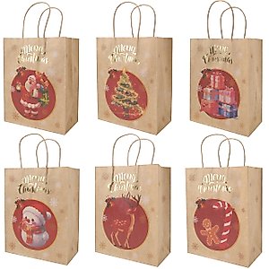 Qirrmiy 24-Pack 10.4” Medium Christmas Gift Bags with Handles, Kraft Brown with Santa Claus, Snowman, Gifts, Gingerbread man, Reindeer, Trees for Gifts, Decorations, Holiday Party, 24 Pcs
