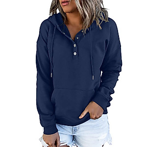Dokotoo Womens Sweatshirt Ladies Fall Tops Drawstring Hoodies Sweatshirts for Women Long Sleeve Hooded Pullover with Pockets Button Collar Fleece Casual Basic Simple Winter Shirts Tops Blue XL
