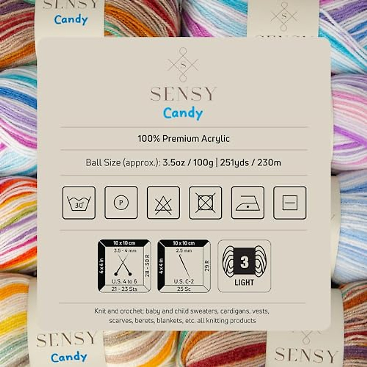 Sensy Candy Yarn, 3.5 oz, 251 Yards, Multicolor Craft Yarn for Crocheting and Knitting, Gauge 3 Light (5845)