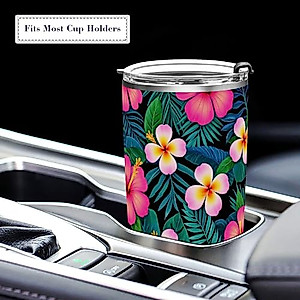 Summer Plumeria Hibiscus Palm Leaf Stainless Steel cups with lids with Lid and Straw coffee mugs with lids for Home, Office or Car safe tumbler with lid and straw 20 OZ