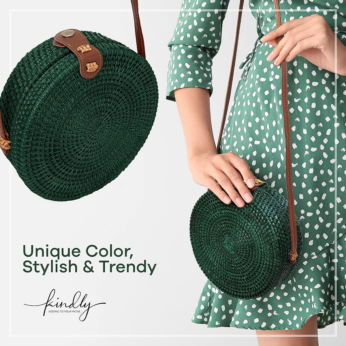 Woven beach bag - Green crossbody bag. Round rattan bags for women. Handwoven natural round rattan bag. Boho style wicker bag. Woven purse durable, trendy, natural rattan small bag.