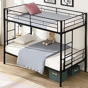 Twin Over Twin Metal Bunk Bed with Trundle Heavy Duty Twin Size Metal Bunk Beds Frame with 2 Side Ladders Convertible Bunkbed with Safety Guard Rails,No Box Spring Needed