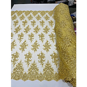 New Creations Fabric & Foam Inc, 50" Wide Floral Design Embroidery On A Mesh Lace with Sequins and Cord Fabric (1 Yard, Metallic Gold)