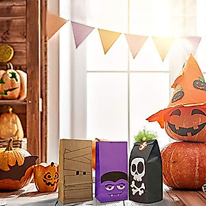 Kalolary 40Pcs Halloween Trick or Treat Goody Gags in 8 Designs, Paper Gift Bags Party Favor Candy Bags with 60Pcs Trick-or-Treat Stickers for Halloween Decoration