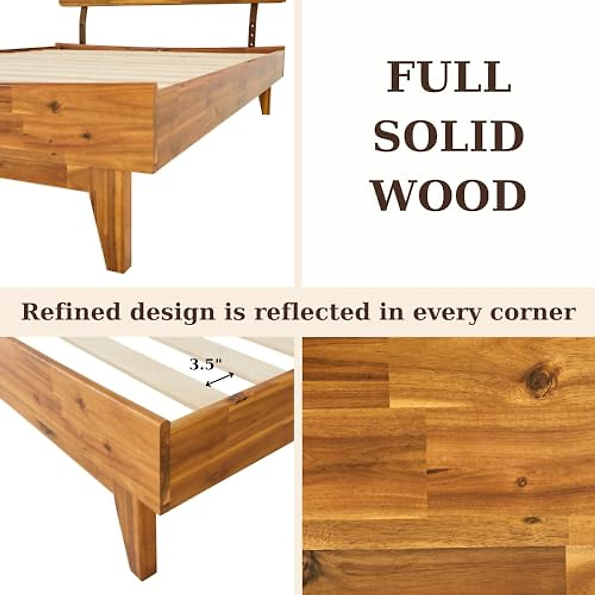 Bme Caden 15 Inch Deluxe Bed Frame with Adjustable Headboard - Mid Century, Retro Style with Acacia Wood - No Box Spring Needed - 12 Strong Wood Slat Support - Easy Assembly - Caramel, Queen