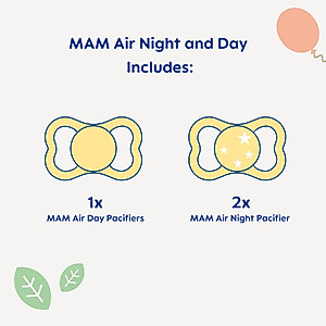 MAM Air Day & Night Baby Pacifier, for Sensitive Skin, Glows in The Dark, 3 Pack, 16+ Months, Boy,3 Count (Pack of 1)