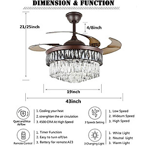 Ruiwing 42" Luxury Ceiling Fan Contemporary Chic Crystal Chandelier Fan Brown Retractable Ceiling Fans Light LED 3 Color Setting for Bedroom Living Room