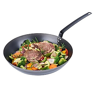 Restaurantware Met Lux 16 Inch Fry Pan, 1 Lightweight Frying Pan - Induction-Ready, Triple-Riveted, Black Carbon Steel Cooking Skillet, Durable, For Searing, Sauteing, And Browning Food