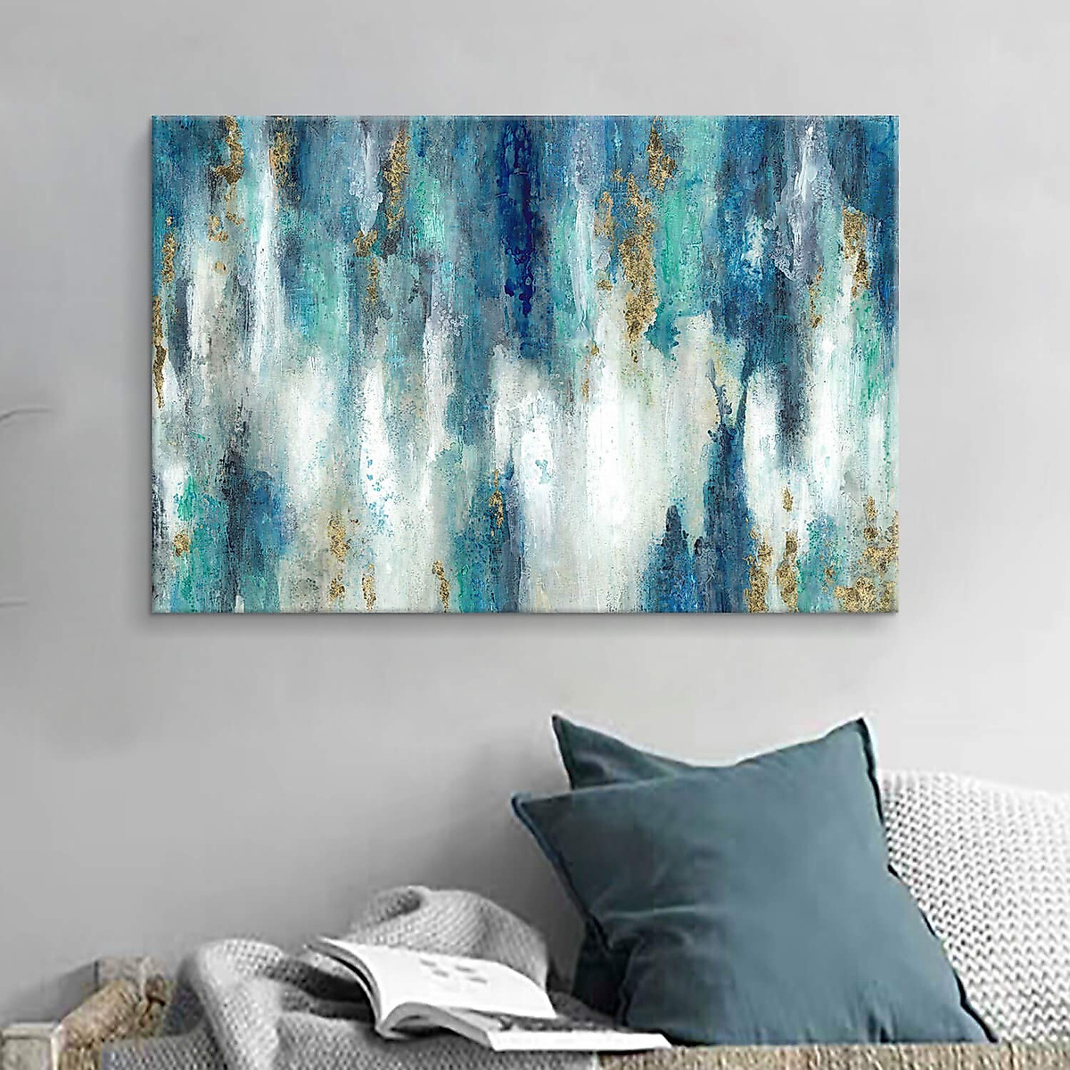 Blue And Gold Wall Decor Set Abstract Canvas Wall Art Decor Colorful Oil Painting Artwork Picture For Bedroom Living Room Bathroom Decorations Aesthetic(36'' x 24'' x 1 Panel)