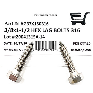 3/8 x 1-1/2" 316 Stainless Steel Hex Head Lag Bolts Lag Screws Marine Grade (10 Pieces)