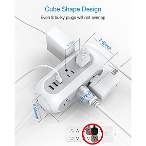 Surge Protector Power Strip with 3 USB, TESSAN Flat Plug Dorm Extension Cord with Multiple Outlets, Mountable 8 Widely Spaced Outlets, 1050J Protection, 6.5 Feet Desk Charging Station for Office
