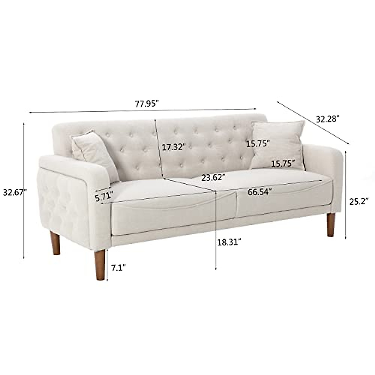 Aoowow Linen Fabric Sofas and Couches 78 Inches Long, Mid Century Modern Couch Tufted Back Sofa with 2 Throw Pillows, Armrest and Wooden Legs for Living Room, Apartment, Bedroom (Beige)