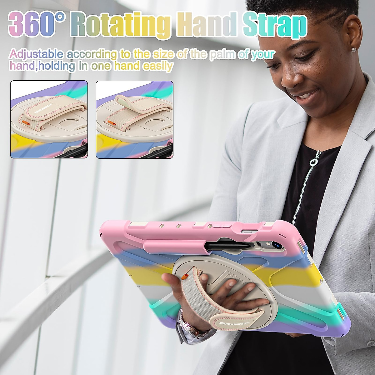 BRAECNstock Kids Case for Samsung Galaxy Tab S9 FE/ S9/ S8/ S7 5G 10.9"/ 11" Shockproof Protective with Pencil Holder, [360° Rotating Hand Strap & Stand], Shoulder Strap, Colorful Pink