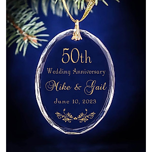 Gold 50th Golden Wedding Anniversary Personalized Keepsake Glass Oval Christmas Ornament ANY Anniversary Year Available