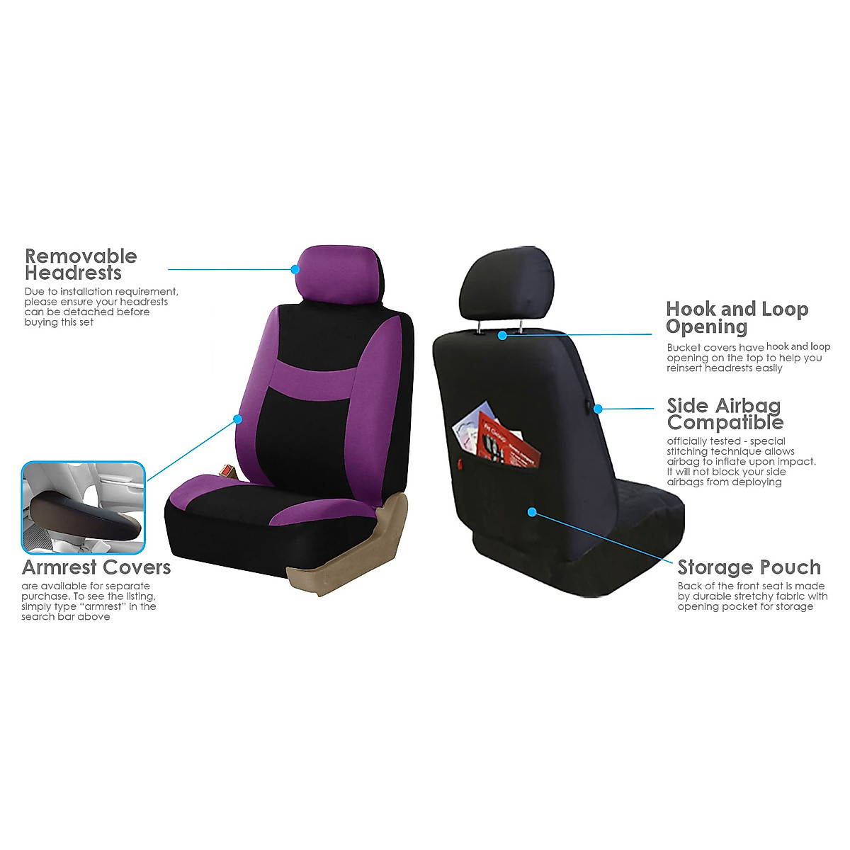 FH Group Car Seat Covers Front Set and Rear Split Function with Steering Wheel Cover and Seat Belt Pads Combo Set Purple Seat Covers– Interior Accessories Universal Fit for Cars Trucks & SUVs