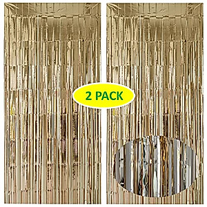 Buyuget 2 Pack Large 3.2 x 8.2 ft Champagne Gold Tinsel Foil Fringe Backdrop Curtain Party Decoration - Doorway Streamer Curtain Photo Backdrop for Birthday Wedding Engagement Party Decor