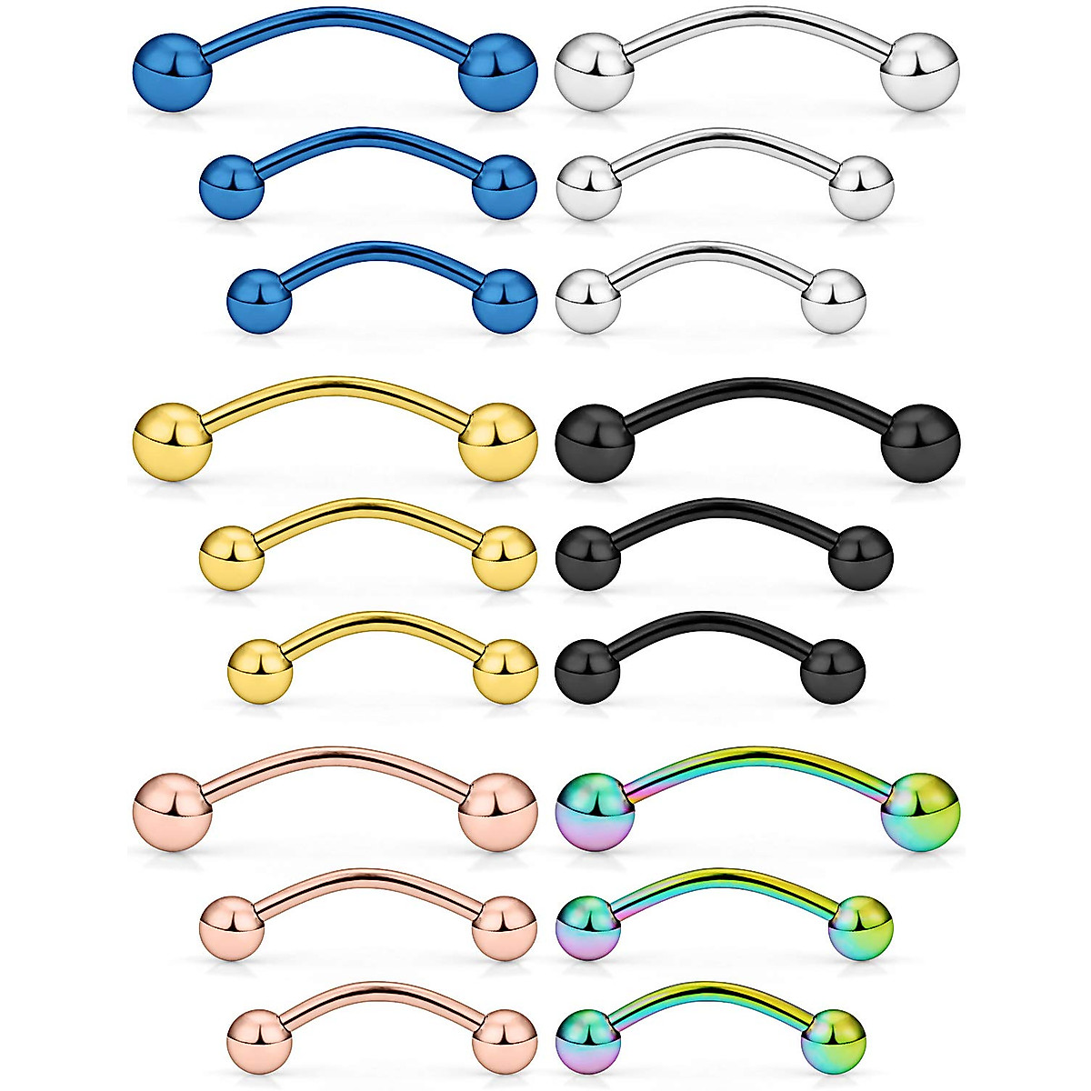 Hoeudjo 14G 18PCS Snake Eyes Tongue Rings Surgical Steel Curved Barbells Nipplerings Nipple Rings Piercing Jewelry for Women Men 14MM 16MM 19MM Silver-tone Black Rose Gold