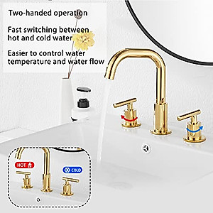 GGStudy 360° Swivel Spout Two Handles 3 Holes 8-16 inch Widespread Bathroom Sink Faucet Gold Finish Matching with Pop Up Drain