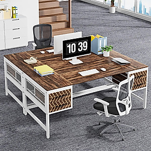 Tribesigns Computer Executive Desk with Drawers: Wood 63" Computer Desk with 4 Storage Drawers, Farmhouse Study Writing Table, Herringbone Business Furniture for Home Office, Brown and White