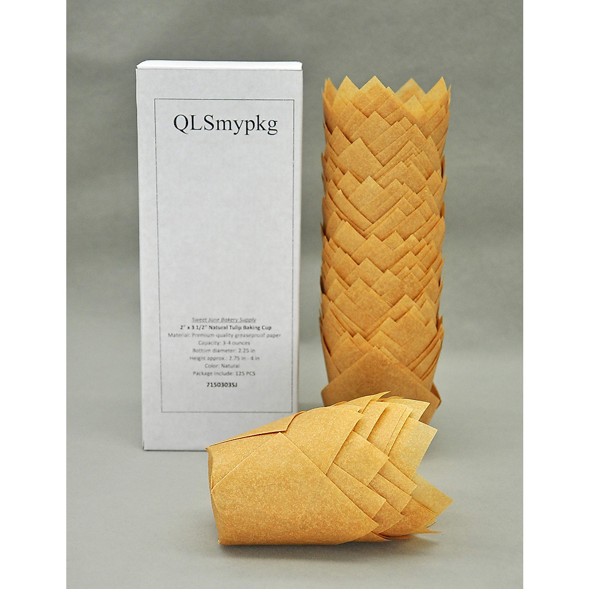 QLSmypkg Muffin Greaseproof paper Baking cupcake cups, 2" x 3 1/2" Natural Tulip Baking Cup Case of 125 pcs (125, Standard)