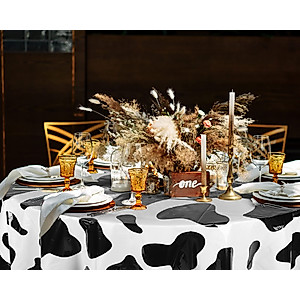 Oudain 6 Pcs 84'' Cow Tablecloth Round Tablecloth Plastic Washable Table Cloth Disposable Stain Resistant Table Cover for Picnic Camping Party Xmas Kitchen Dining Table(Black, Simple Style, 6 Pcs)