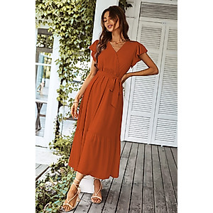 PRETTYGARDEN Women's 2024 Floral Boho Dress Wrap V Neck Short Sleeve Belted Ruffle Hem A-Line Flowy Maxi Dresses (Solid Brick Red,X-Large)