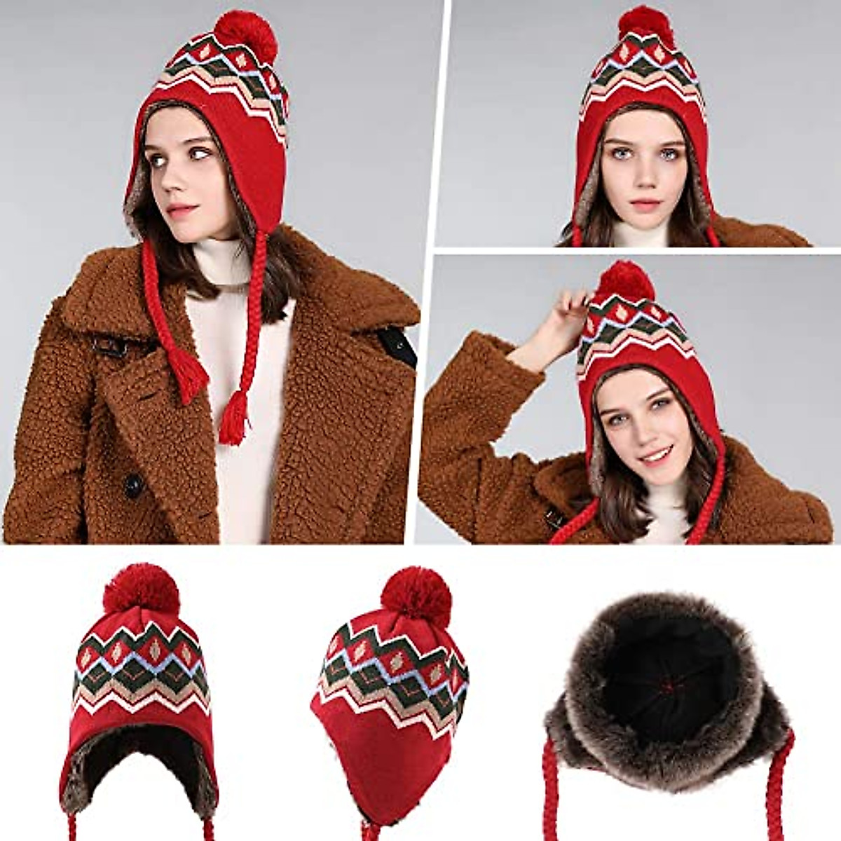 Comhats Winter Thick Peruvian Beanie Hat for Women Girl Wool Warm Ski Earflap Pompom Fur Skull Cap Red
