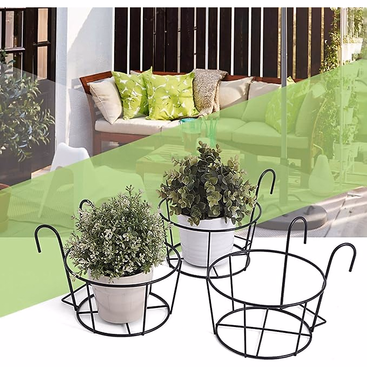 4 Pack Round Hanging Railing Planters, Flower Pot Holders, Metal Pot Plant Basket, Shelf containers for Indoor and Outdoor use (Black)